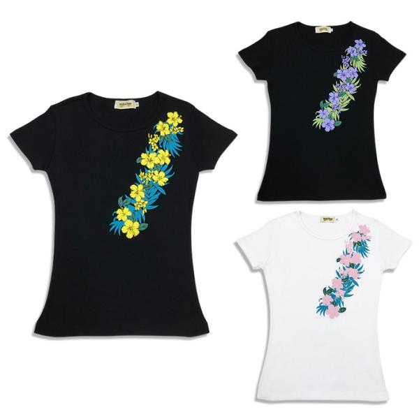 動きやすく適度なフィット感のあるフライス素材のTシャツです。ハイビスカスとプルメリアを肩からウェストラインまで斜めにプリント。レッスン着としてはもちろん、ジーンズやスカートと合わせて普段着としてもGOOD!!MAT-6フラダンスTシャツ レ...