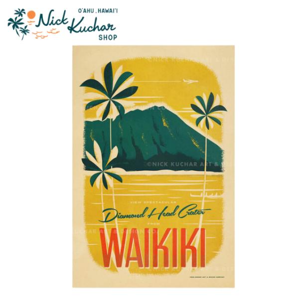 ハワイ各地の美しい風景をレトロなタッチで描く、サーフアーティスト、Nick Kucharのハワイトラベルプリント。【Diamond Head Crater】ハワイ各地の美しい風景をレトロなタッチで描く、サーフアーティスト、Nick Kuch...