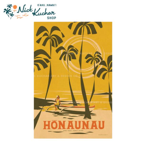 ハワイ各地の美しい風景をレトロなタッチで描く、サーフアーティスト、Nick Kucharのハワイトラベルプリント。【Honaunau - Hawaii Island】ケアラケクア湾の南端に位置し、かつてハワイ王国の伝統的な本拠地だったホナウ...