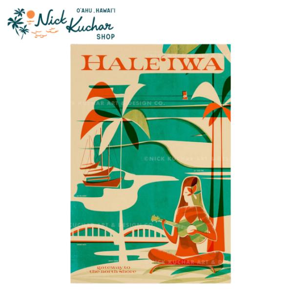ハワイ各地の美しい風景をレトロなタッチで描く、サーフアーティスト、Nick Kucharのハワイトラベルプリント。【Haleiwa Wahine】ワイキキよりもローカルな雰囲気で人気のアラモアナ・ビーチパーク。ロコにとって身近なビーチとして...