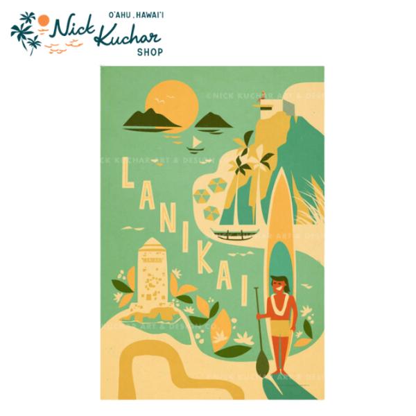 ハワイ各地の美しい風景をレトロなタッチで描く、サーフアーティスト、Nick Kucharのハワイトラベルプリント。【Lanikai】カイルアビーチパークで静かな日の出を楽しむのが好きなニックカッチャーが自身の好きな景色を描いた１枚。象徴的な...