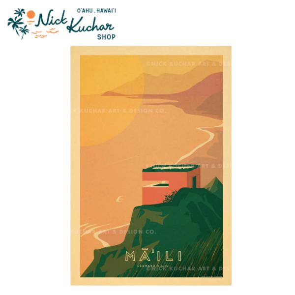 ハワイ各地の美しい風景をレトロなタッチで描く、サーフアーティスト、Nick Kucharのアートプリント。寝室にもリビングにも、飾るだけでハワイを感じて頂けるステキなアートプリントです。【Maili】マイリ・ポイントで左側に波が並んで打ち寄...