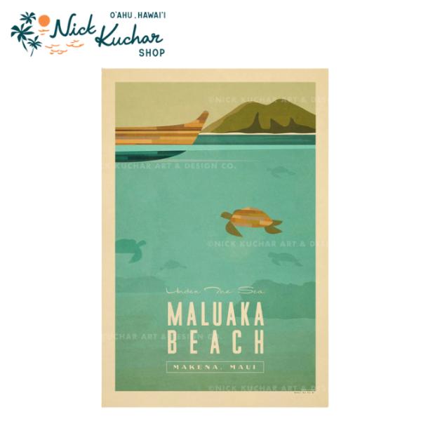ハワイ各地の美しい風景をレトロなタッチで描く、サーフアーティスト、Nick Kucharのハワイトラベルプリント。【Maluaka Beach Maui】マウイ島マケナにあるマルアカ・ビーチは、海の上から見ても十分に美しい場所ですが、水面下...