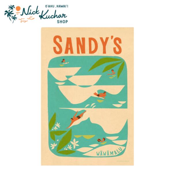 ハワイ各地の美しい風景をレトロなタッチで描く、サーフアーティスト、Nick Kucharのハワイトラベルプリント。【Sandy's - Sandy Beach Park】Nickの愛犬、ジェイクが子犬だった頃、カメハメハハイウェイのノースシ...