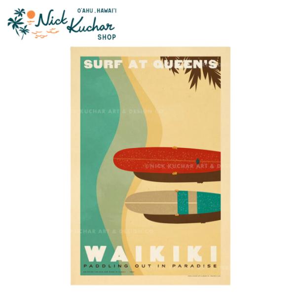ハワイ各地の美しい風景をレトロなタッチで描く、サーフアーティスト、Nick Kucharのハワイトラベルプリント。【Waikiki - Surf at Queen's】ハワイ各地の美しい風景をレトロなタッチで描く、サーフアーティスト、Nic...