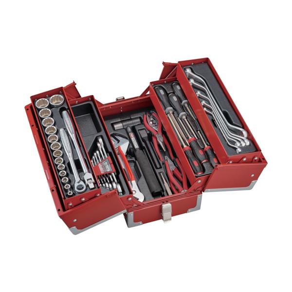 特長工具を厳選し、各種産業機械の整備に適したセットです。用途メンテナンス用。主に産業機械の組み立て・整備に。あらゆる分野で活躍しています。商品スペック仕様・規格 V形3段式メタルケースケース色：レッドケース寸法(mm)間口：433ケース寸法...