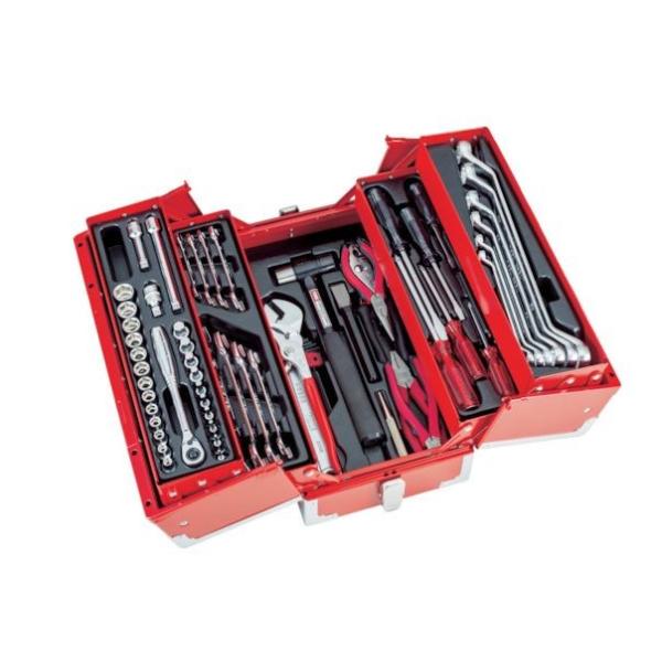 特長インチサイズのセットです。天面フラットV形3段式メタルケース、全段プラスチックトレー付きです。用途メンテナンス用。商品スペック仕様・規格 ケース色：レッドケース寸法(mm)間口：433ケース寸法(mm)奥行：220ケース寸法(mm)高さ...