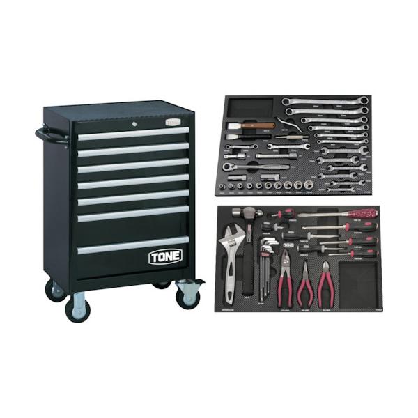 特長ローラーキャビネットWS207Rに工具をセットした商品です。商品スペック仕様・規格サイズや製品番号表示で完璧な整理整頓と紛失防止を可能にする高級感あふれる新シルバートレー採用引出し7段式ケース色：マットブラックセット内容(点)：56差込...