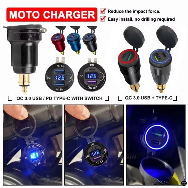QC 3.0 USB PD TYPE-C バイク充電器電源アダプタスイッチアクセサリー付き BMW R1200RT R1200GS F800 GSGT DIN HELLA PLUG説明: 1クイックチャージ、電圧LEDデジタルディスプレイ、...