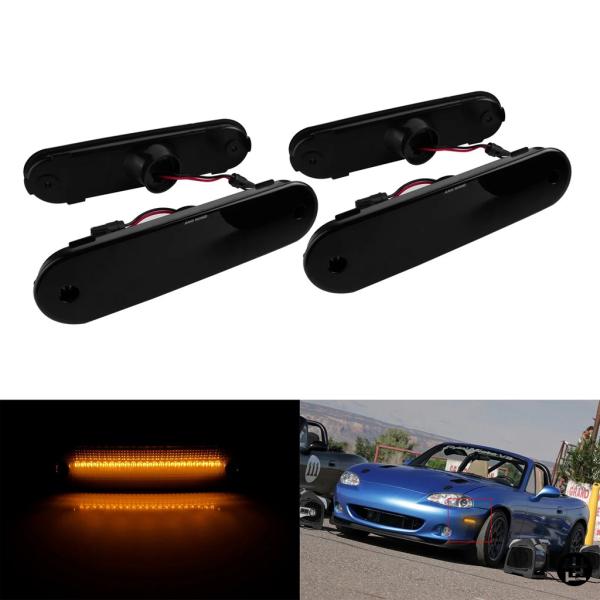 マツダ MX-5、高出力ブラックスモークレンズLEDサイドインジケーターマーカーリピーターリアバンパーリフレクターライトランプ4個(フロント：アンバー2個、リア：レッド2個)ですブラックスモークレンズカバー付きアンバー(黄橙色)とレッドの色...