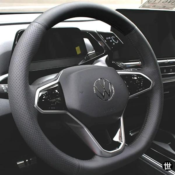 フォルクスワーゲン VW ゴルフ 8 パサート ID.3 アルテオン キャディ 2019-2022 に適合する、手縫いのブラック滑り止めステアリングホイールカバー