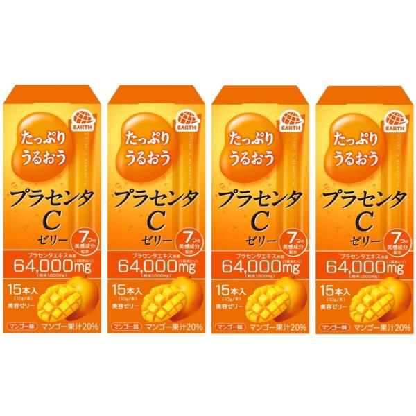 アース製薬 たっぷりうるおう プラセンタ C ゼリー マンゴー味 美容ゼリー 15本入 4箱【商品説明】●たっぷりうるおう、スティックタイプのプラセンタゼリー●マンゴー味(マンゴー果汁20％)●賞味期限 2027年9月●1箱あたり：プラセン...