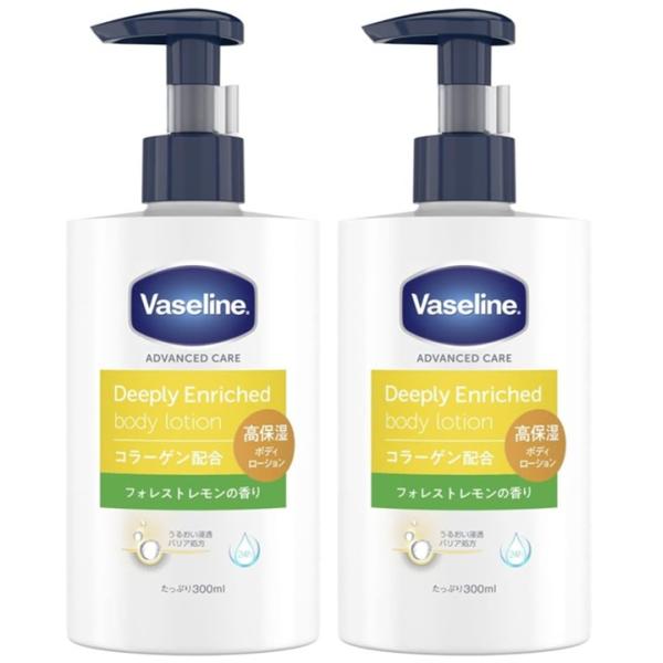 ヴァセリン ボディミルク ディープリーエンリッチド ボディローション コラーゲン配合 フォレストレモンの香り 300ml 2個【商品説明】しっとりうるすべ肌が一日つづく、高保湿ボディローション。コラーゲン、3種の天然保湿成分が配合されたロー...