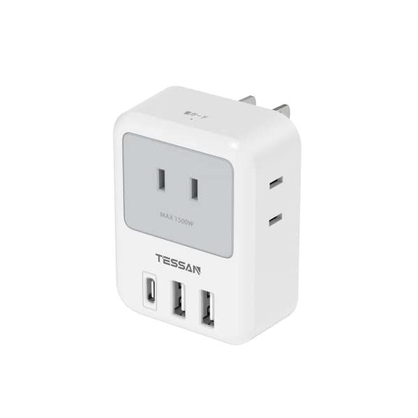 ・グレー  TS-721-C・・Color:グレー・【1台6役】3個のac差込口、2個のusb-aポートと1個のusb-cポートを搭載しているusb コンセント タップです。3個のAC口は三つの方向に配置されていて、お互いに干渉しないで、大...