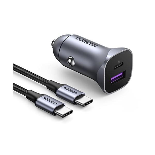 シルバー/-/CD130・パッケージ個数:1・?【PD+QC 3.0急速充電】USB A（QC 3.0接続）とUSB C（PD 3.0接続）を備えたUGREEN シガーソケットは、2ポート合計最大30Wまでのフルスピード充電が可能で、携帯電...
