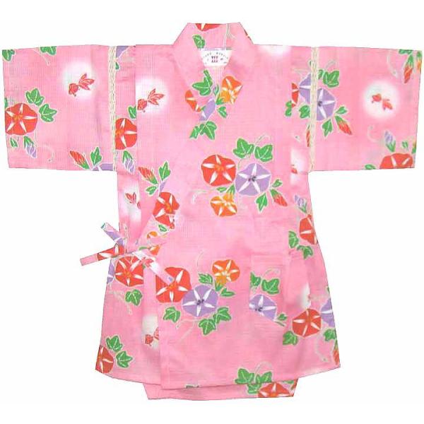 本格和装の子供甚平スーツ！純日本製♪<br>●朝顔に金魚柄がとってもかわいい<br>日本製の女の子甚平スーツ ◎生地は、超清涼感とシャリ感があり通気性抜群の紅梅素材を使用しており、<br>細かいコードがタ...
