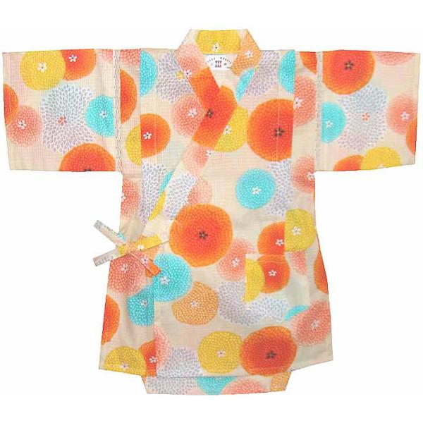 本格和装の子供甚平スーツ！純日本製♪●カラフルな菊ずくし柄がとってもかわいい日本製の女の子甚平スーツ◎生地は、超清涼感とシャリ感があり通気性抜群の紅梅素材を使用しており、細かいコードがタテ・ヨコに交差している、和装生地です（生地アップ参照）...