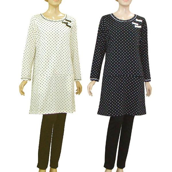 左肩口の３つのサテンリボンモチーフとドット柄が相まって非常にキュートでかわいい、マタニティハウスウエア兼ラウンジパジャマ◆授乳時は、バスト部分の重なっている布をヨコにズラスだけの簡単授乳♪産前から、産後の授乳期まで、大活躍！ お部屋としても...