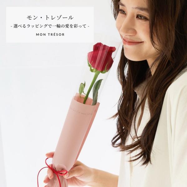 選べるラッピングで一輪の愛を彩って。あなたの「想い」を、ひときわ美しい赤で。格調高く気品あるラッピングに包まれた一輪の赤バラが、まっすぐな気持ちを静かに、そして深く伝えます。上質な透明スリーブと柔らかいマットな質感のスウェードのリボンが、カ...