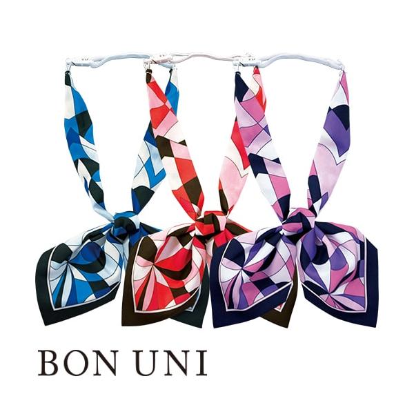 ◎配送方法：通常：宅配便（メール便不可商品）◎商品名：ワンタッチスカーフ◎メーカー：ボンユニ(BONUNI)◎品番：98233-16、98233-27、98233-63◎素材：サテンプリント　ポリエステル100％◎仕様：結び目が左右に移動可...
