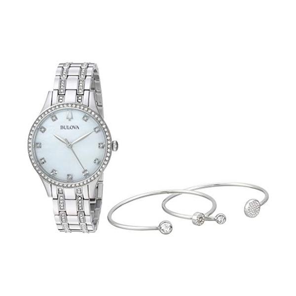 腕時計 ブローバ レディース 96X145 Bulova Ladies' Crystal Stainless Steel Box Set with White Mother-of-Pearl 3-Hand Quartz Watch and ...