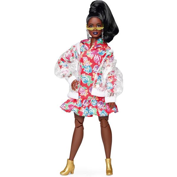 バービー バービー人形 GHT94 Barbie BMR1959 Fully Poseable Curvy Fashion Doll, Brunette, in Clear Vinyl Bomber Jacket and Floral Ho...