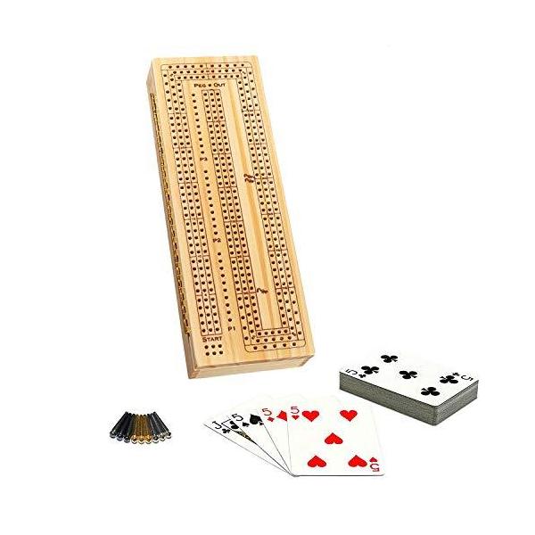 ボードゲーム 英語 アメリカ 海外ゲーム  WE Games 3 Player Wooden Cribbage Set - Easy Grip Pegs and 2 Decks of Cards Inside of Board - Natu...