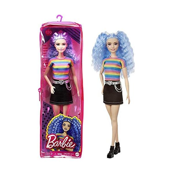 バービー バービー人形 ファッショニスタ GRB61 Barbie Fashionistas Doll with Long Blue Crimped Hair, Star Face Makeup, Multi-color Striped T...