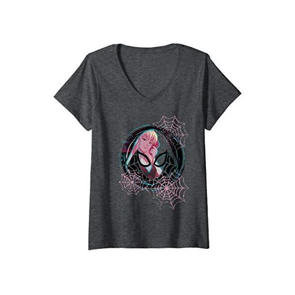 Tシャツ キャラクター ファッション トップス 海外モデル J4K4W7ERVYX Womens Marvel Ghost-Spider Gwen Background Badge V-Neck T-Shirt海外限定品を迅速輸入！5〜15...