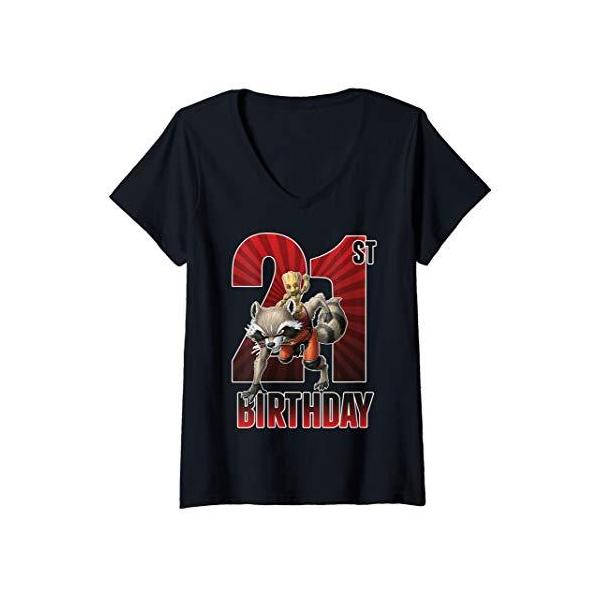 マーベル Marvel ロケット ベビーグルート 21歳誕生日 半袖Tシャツ Vネック レディース 【Sサイズ】 ブラック ファッション トップス アメリカ バースデイTシャツ キャラクター ファッション トップス 海外モデル C7AN86...