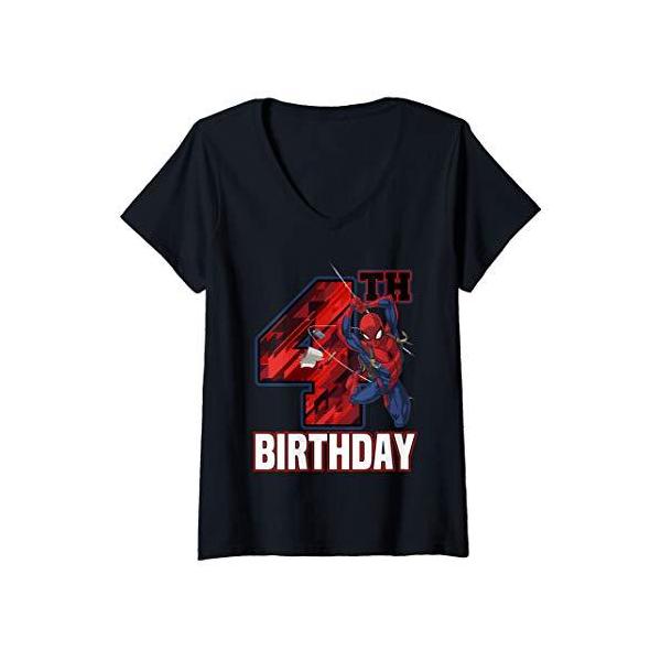 マーベル Marvel スパイダーマン ウェブスイング 4歳の誕生日 半袖Tシャツ Vネック レディース 【Sサイズ】 ブラック ファッション トップス アメリカTシャツ キャラクター ファッション トップス 海外モデル ME896TZ8X...