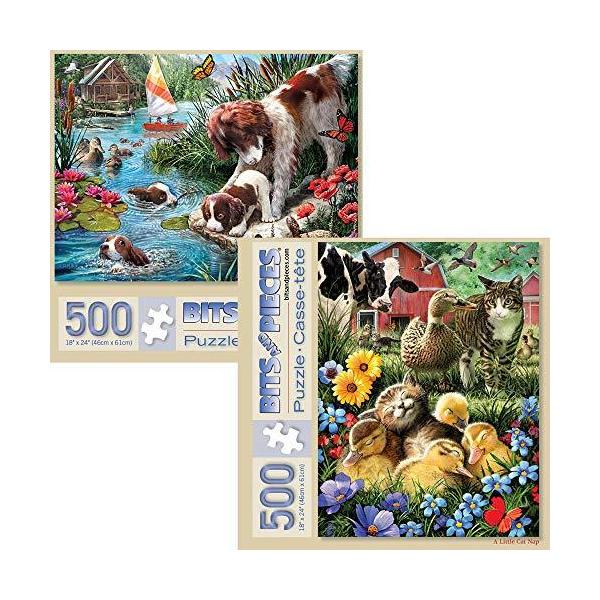 ジグソーパズル 海外製 アメリカ 48471 Bits and Pieces ? Value Set of Two 500 Piece Jigsaw Puzzles for Adults ? Cat Nap, Puppy Swimming ...
