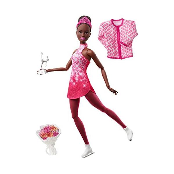 バービー バービー人形 HCN31 Barbie Winter Sports Ice Skater Brunette Doll (12 Inches) with Pink Dress, Jacket, Rose Bouquet &amp; ...