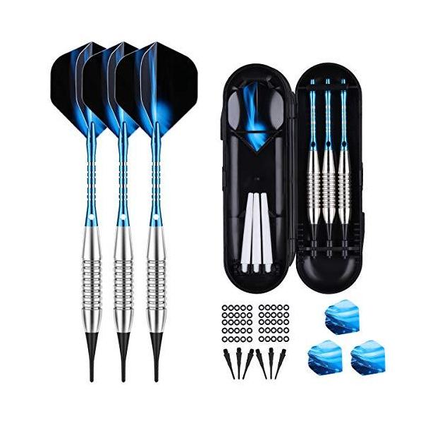 海外輸入品 ダーツ  Darts Plastic Tip Set - 18g Soft Tip Darts - 16g Dart Barrels w/ 50 O-Rings + 6 Shafts（Blue Aluminum &amp; Wh...