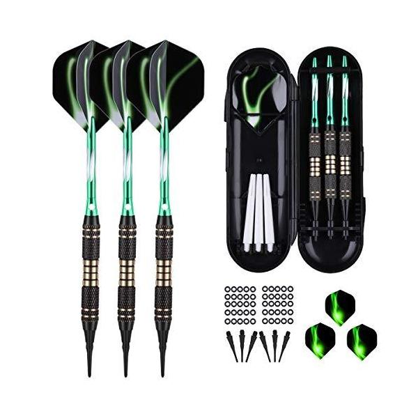海外輸入品 ダーツ 162-GR01 sanfeng Soft tip Darts Set 18 Gram - Professional Darts Plastic Tip with Brass Barrel + Green Aluminu...