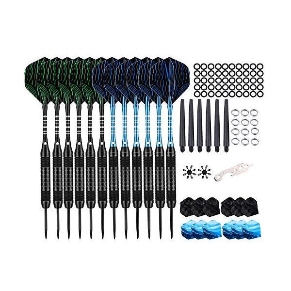 海外輸入品 ダーツ  12 Pack Darts Metal Tip Set 24 Grams, Steel Tip Darts with Premium Black Blue Aluminum Shafts, Extra 50 Rubbe...