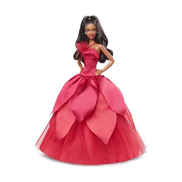 バービー バービー人形 HBY07 Barbie Signature 2022 Holiday Doll, Dark-Brown Wavy Hair Wearing Red Poinsettia-Inspired Gown, Collect...