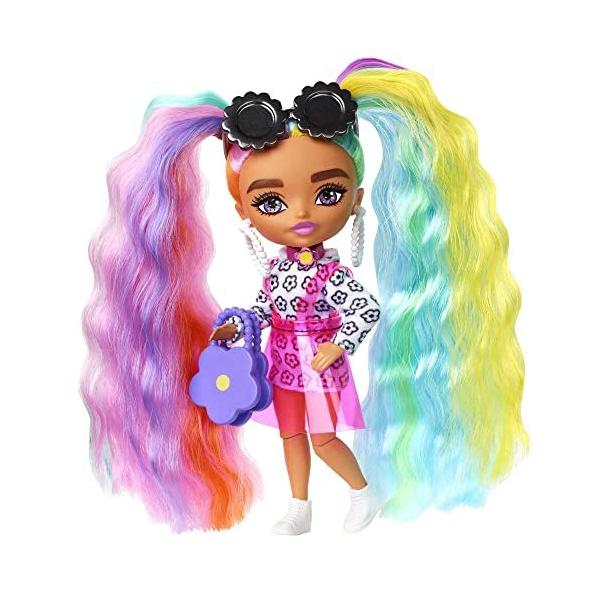 バービー バービー人形 HHF82 Barbie Extra Minis Doll #6 Wearing Flower Print Dress with Rainbow Hair, Doll Stand &amp; Accessories ...