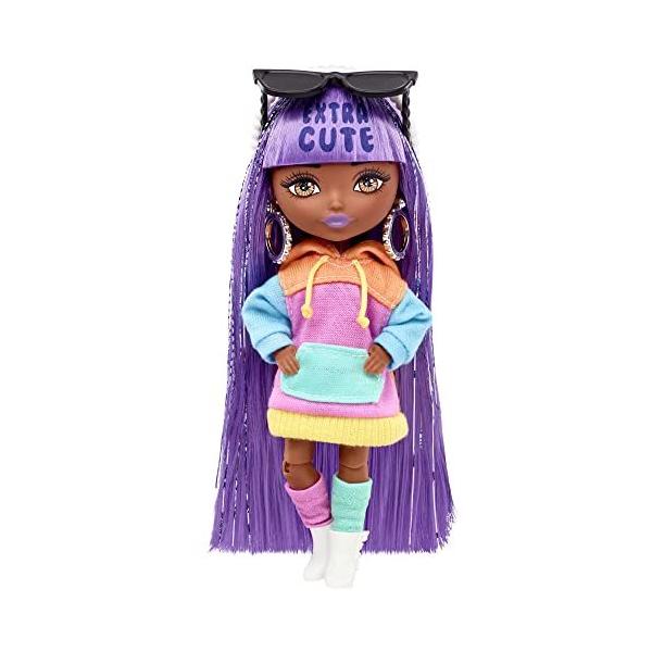 バービー バービー人形 HJK66 Barbie Extra Minis Doll &amp; Accessories with Purple &amp; Silver Hair Wearing Color-Block Hoodie Dre...