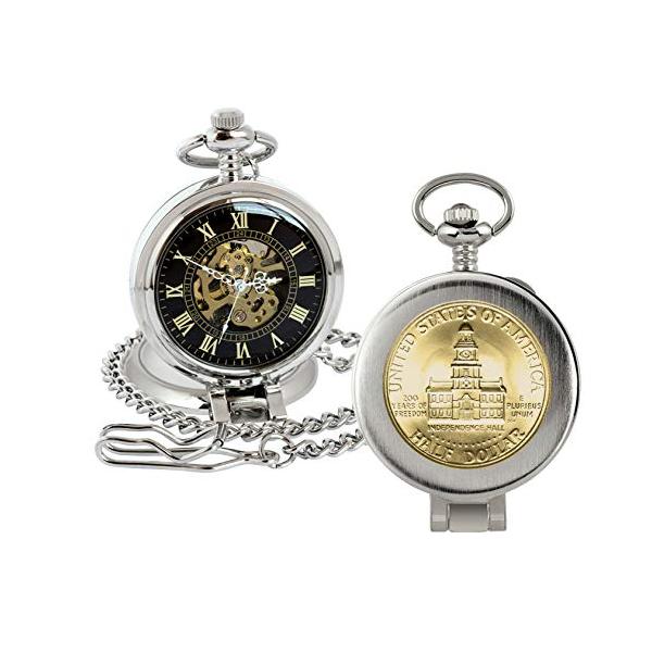 16275 Coin Pocket Watch with Skeleton Movement | Gold Layered JFK Bicentennial Half Dollar | Genuine U.S. Coin | Sweepin...