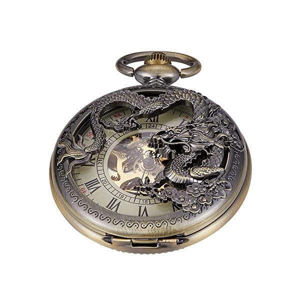 MW118 Whodoit Men's Bronze Dragon Skeleton Fine Sculpture Mechanical Skeleton Pocket Watch, Mechanical Pocket Watches fo...