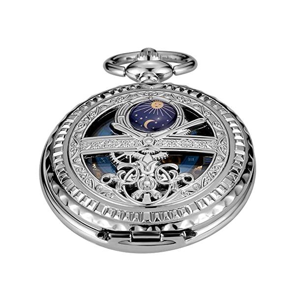 MW124-US Whodoit Moon Phase Design Mens Roman Numeral Dial Mechanical, Skeleton Mechanical Pocket Watches with Box and C...