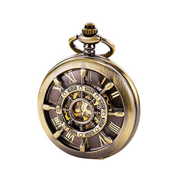 HB036 TREEWETO Bronze Rudder Pocket Watch Double Cover Roman Numerals Dial Skeleton Man Women Pocket Watches for Men海外限定...