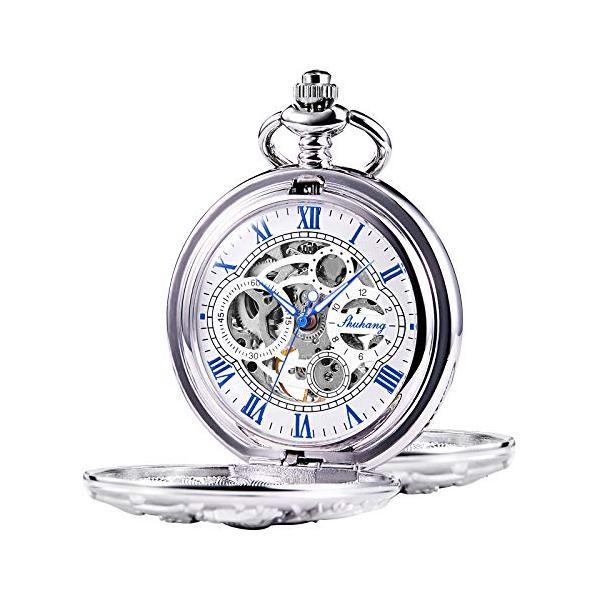 HB141-USTW TREEWETO Mens Mechanical Pocket Watch Antique Dream Dragon Skeleton Silver Tone Double Open Case with China &...