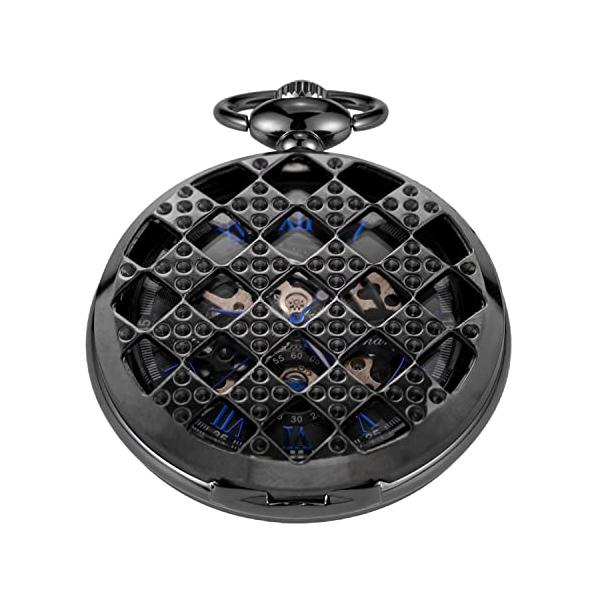 SWQ-107 Realpoo Steampunk Mesh Knotted Black Mechanical Pocket Watch with FOB Chain, Skeleton Hollow Clock for Men with ...