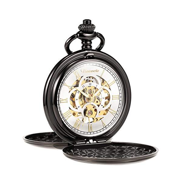 HB147-USTW TREEWETO Men's Mechanical Pocket Watch Vintage Steampunk Black Smooth Double Case Roman Numerals Fob Watches ...