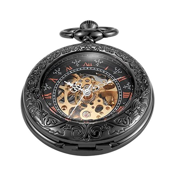 MW136 Whodoit Simple Black Hollow Transparent Cover Design Mechanical Pocket Watch, Men's FOB Chain Roman Digital Steamp...