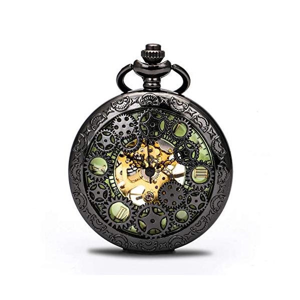 yeguang BOSHIYA Mechanical Pocket Watch Luminous Steampunk Vintage Pocket Watch/with Chains/Hand Wind Up/Black Skeleton/...