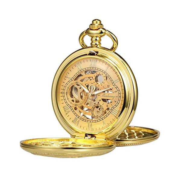 HB114-USTW TREEWETO Pocket Watch Skeleton Hand-Wind Mechanical Double Case Black Roman Numerals Antique with Fob Chain B...