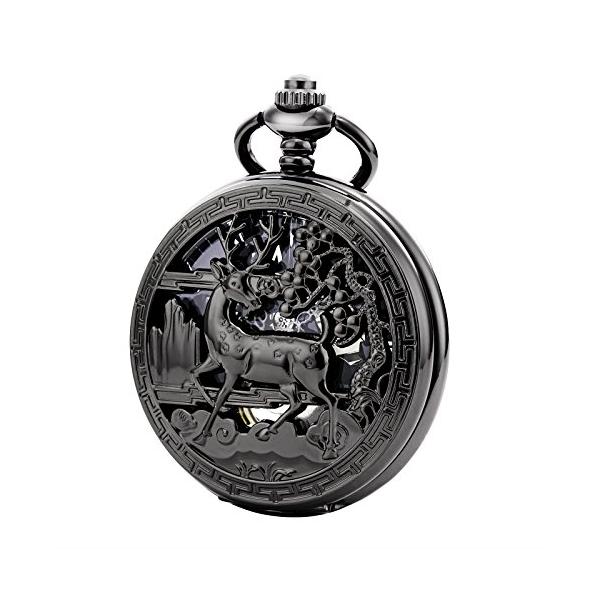 HB040 TREEWETO Vintage Pocket Watch Mechanical Double Cover Hollow Case Skeleton Steampunk Deer Case Men Women, Black海外限...